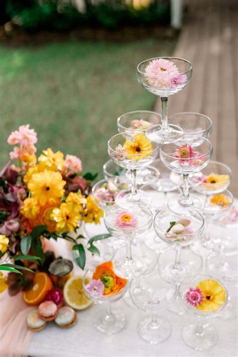 Champagne Coupe Tower With Fresh Flowers Champagne Tower Wedding