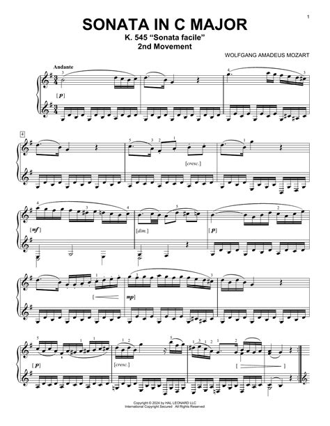 Wolfgang Amadeus Mozart Andante In G Major K 545 Sheet Music