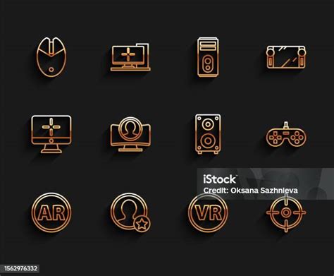 라인 Ar 증강 현실 프리미엄 계정 화면 만들기 컴퓨터 마우스 게임 가상 안경 대상 스포츠 만들기 게임 패드 및 스테레오 스피커 아이콘을 설정합니다 벡터 3차원 형태에 대한