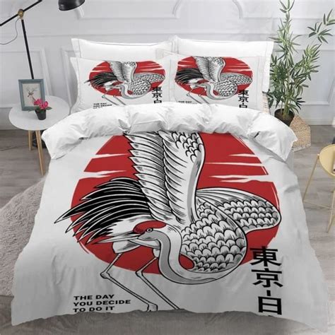Housse De Couette 140X200 Grue Japonaise 3 Pièces Microfibre Parure De Lit 1 Personnes Avec