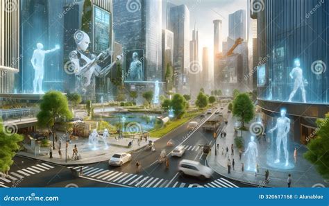 Futuristic City With Holographic Ai And Autonomous Vehicles Stock Photo