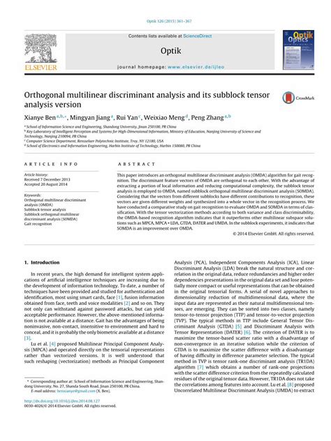 Pdf Orthogonal Multilinear Discriminant Analysis And Its Subblock