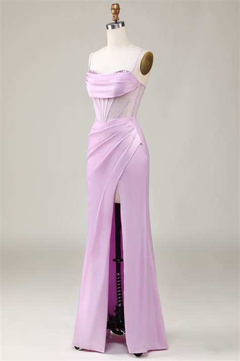 Zapaka Women Lilac Long Bridesmaid Dress With Slit Mermaid Spaghetti