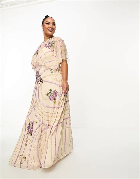 Asos Design Curve Embellished Batwing Maxi Dress With Floral Artwork In