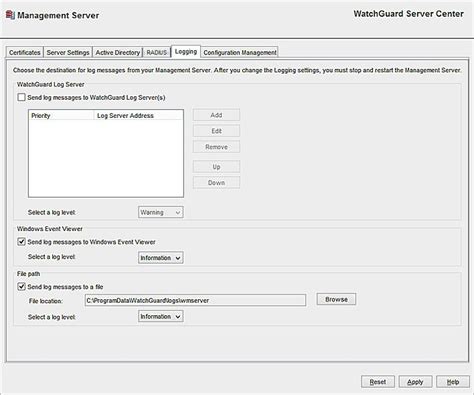 Configure Logging Settings For The Management Server