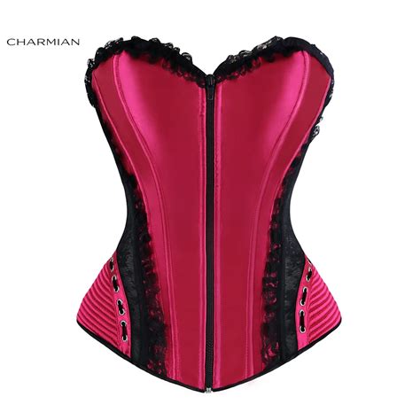 Charmian Womens Elegant Bridal Overbust Corset Satin Black Lace