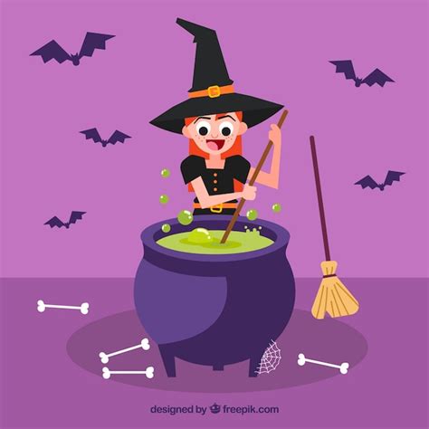 Bruja Cocinando Con Un Caldero Mágico Vector Gratis