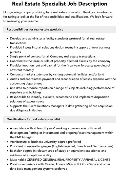 Real Estate Specialist Job Description Velvet Jobs