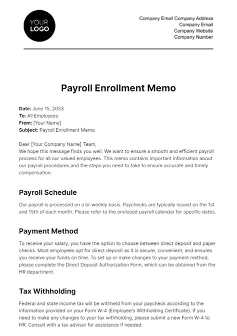 Free Payroll Enrollment Memo Hr Template To Edit Online