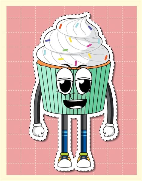 Personagem De Desenho Animado De Cupcake Fofo No Fundo Da Grade Vetor