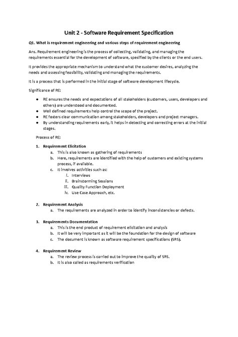 Software Engineering Notes Unit 23 Unit 2 Software Requirement