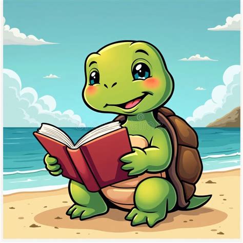 Cute Cartoon Turtle Reading Book On Beach Stock Illustration