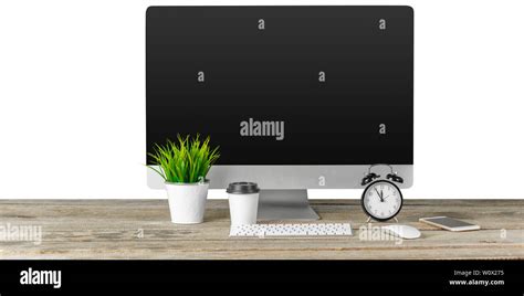 Computer Monitor Black Screen With Keyboard On White Table Education Or Business Concept Stock