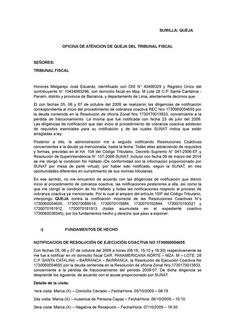 Recurso De Queja Ante El Tribunal Fiscal Sumilla Queja Oficina De