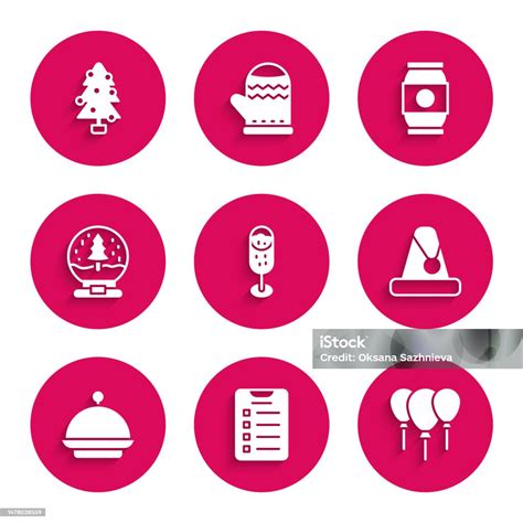 샴페인 유리 새해 목표 목록 리본이 달린 풍선 크리스마스 산타 클로스 모자 덮힌 쟁반 스노우 글로브 맥주 캔 및 나무 아이콘을 설정합니다 벡터 가리기에 대한 스톡 벡터 아트