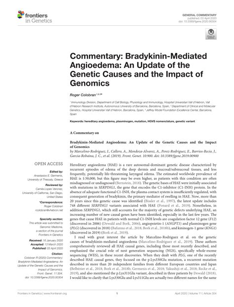 Pdf Commentary Bradykinin Mediated Angioedema An Update Of The