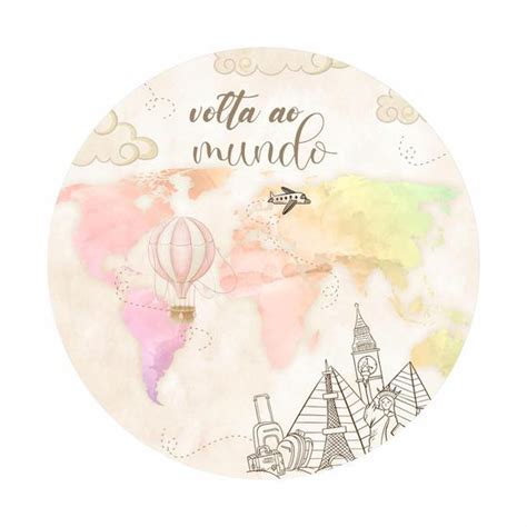 Painel de Lona Redondo Volta ao Mundo Aquarela Mapa Balão Fabrika de