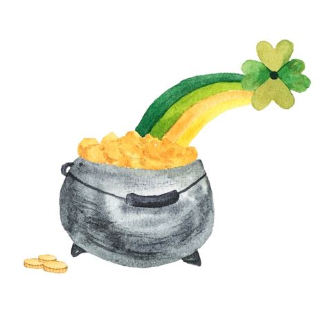 Premium Vector A Pot Of Gold Coins And A Rainbow