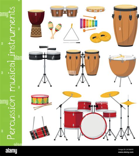 Vector Illustration Set Of Percussion Musical Instruments In Cartoon