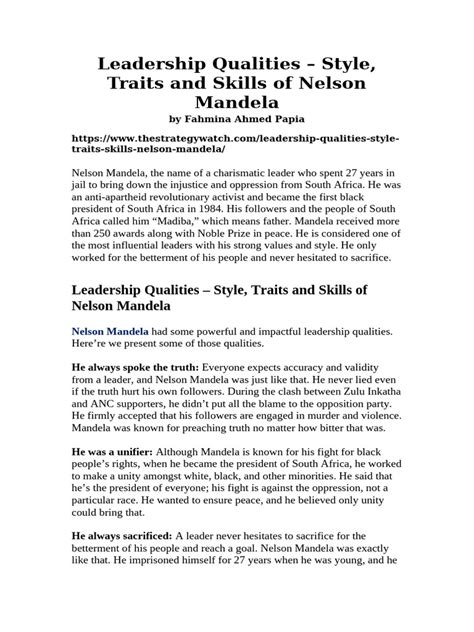 2 Leadership Qualities Pdf Nelson Mandela Forgiveness