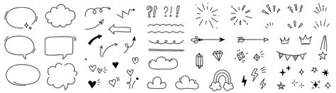 손으로 그린 선 귀여운 별 반짝임 하트 화살표 요소 낙서 하트 화살표 별 반짝임 장식 세트 아이콘입니다 간단한 스케치 선 스타일 강조 주의 패턴 요소 벡터 만화에 대한 스톡