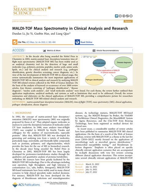 Pdf Maldi Tof Mass Spectrometry In Clinical Analysis And Research
