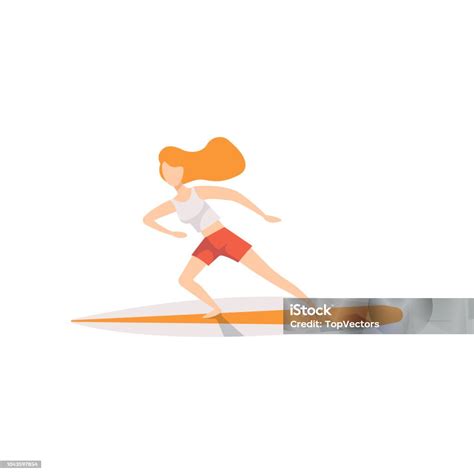 서핑 보드 파도 타는 서퍼 여자 캐릭터에 젊은 여자는 흰색 바탕에 그림을 벡터 남자에 대한 스톡 벡터 아트 및 기타 이미지