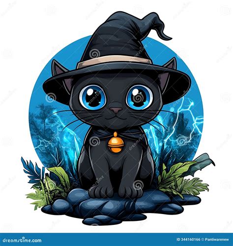 Cute Cartoon Cat In Wizard Hat Surrounded By Magic Stock Illustration