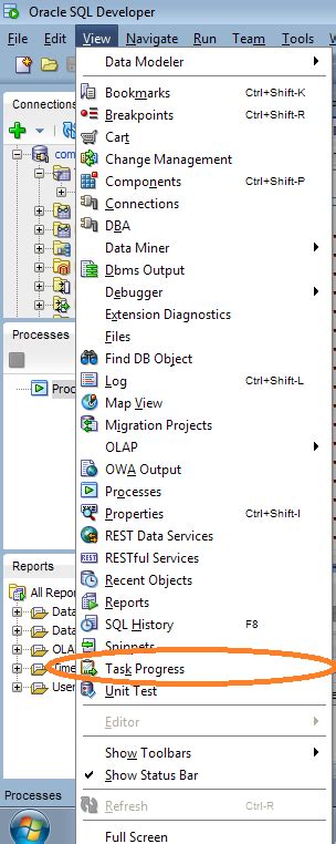 Oracle — バックグラウンドプロセスがsql Developerで完了したかどうかを確認する方法