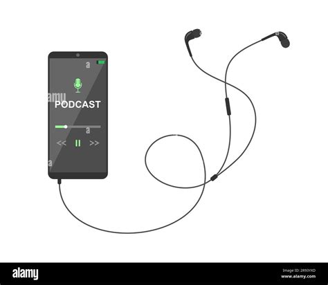Mobile Smartphone With Podcast App On Screen And Earphones On White Background Flat Vector