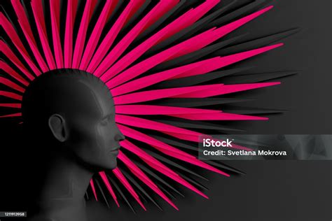 양식에 일치시키는 모호크 헤어 스타일과 프로필에 젊은 여성의 입체 머리와 창조적 인 어두운 배경 3d 일러스트레이션 0명에 대한