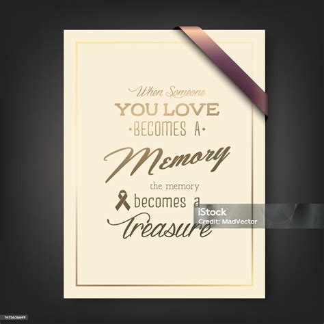 벡터 수직 A4 장례식 카드입니다 사랑하는 사람이 추억이 되면 그 기억은 보물이 된다 실크 리본과 활이 있는 카드 초대장을 위한 장례식 디자인 템플릿을 인용합니다 인사장에