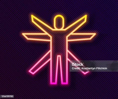 빛나는 네온 라인 Vitruvian 남자 에 의해 레오나르도 다빈치 아이콘 고립 된 검은 배경에 고립 인간의 해부학 벡터 건강