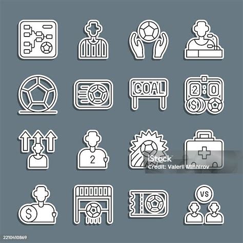 세트 라인 축구 또는 축구 선수 구급 상자 베팅 머니 축구 축구 챔피언십 토너먼트 대진표 및 목표 아이콘 벡터 Championship에 대한 스톡 벡터 아트 및 기타 이미지