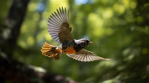 American Redstart Bird Flying High Speed In Forest Real Image Stock