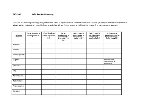 Protist Diversity Bio 102 Lab Protist Diversity Fill Out The