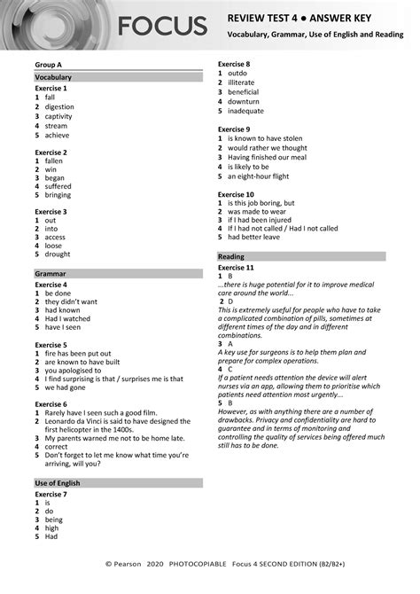 focus 4 2e review test 4 units 1 8 vocabulary grammar uo e reading group a b answers © pearson