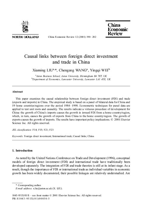Pdf Causal Links Between Foreign Direct Investment And Trade In China