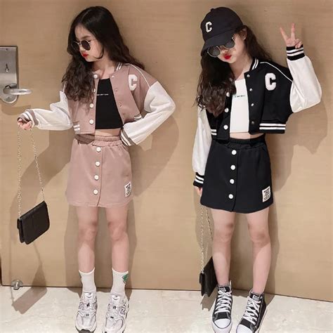 브라운 야구 소녀 십대 패치 워크 버튼 블랙 크롭 탑 코트 A 라인 스커트 세트 대표팀 바머 자켓 학교 운동복