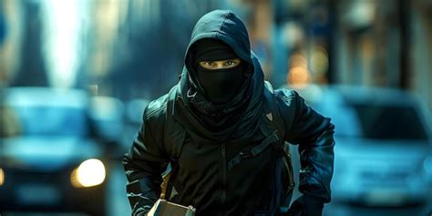 Premium Photo A Masked Thief In Black Clothes Makes A Daring Escape