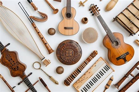 Assorted Traditional Musical Instruments On A White Background