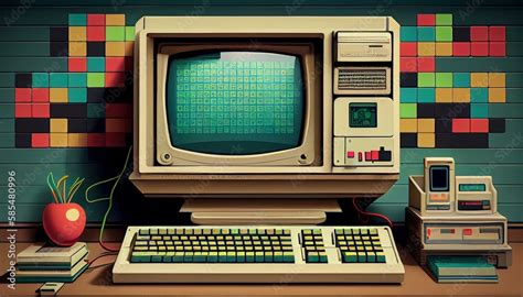 Create A Retro Computer Setup With A CRT Monitor Beige Keyboard And Colorful Pixel Art On The