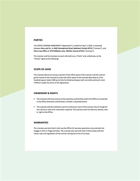Office Sharing Agreement Template In Word Google Docs Pages