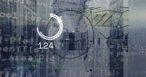 Animation Of Interface With Data Processing Over Spinning Globe Against