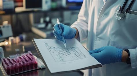 Lab Technician Holding A Test Report With Hemoglobin Typing Results Focused On Premium Ai