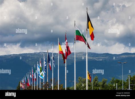 Flags Of The CERN Member States Flying Outside Of The CERN Main Entrance Stock Photo Alamy
