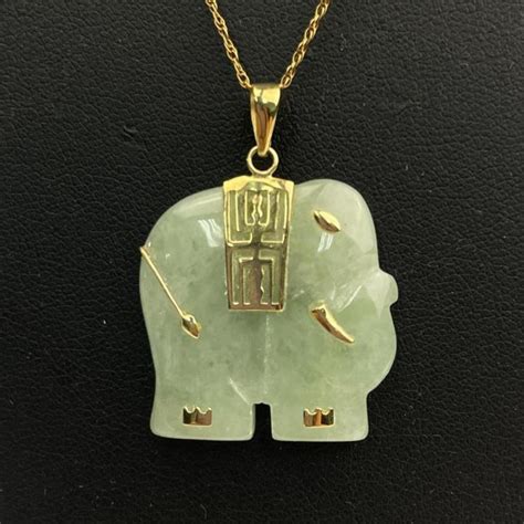 Lot 14k Gold And Jade Elephant Pendant Necklace