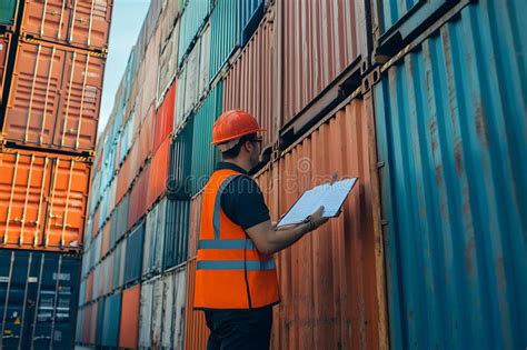 Worker Inspecting Cargo Containers Stock Illustration Illustration Of