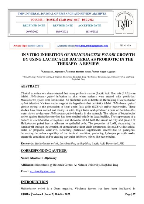 Pdf In Vitro Inhibition Of Helicobacter Pylori Growth By Using Lactic