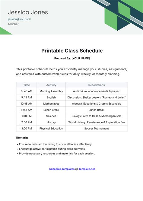 Free Class Schedule Templates Editable And Printable